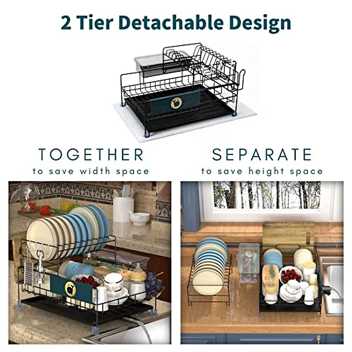 slhsy Removable Design 2 Tier Dish Drying Rack/Strainers with Drainboard, Swivel Spout, Cup & Utensil Holder and Drying Mat for Kitchen Counter, Black