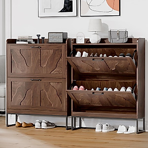 infurnic Shoe Cabinet with 2 Flip Drawers, Narrow Shoe Storage Cabinet for Entryway, Freestanding Organizer Shoe Rack Cabinet for Front Door Entrance Hallway Foyer Living Room, Walnut