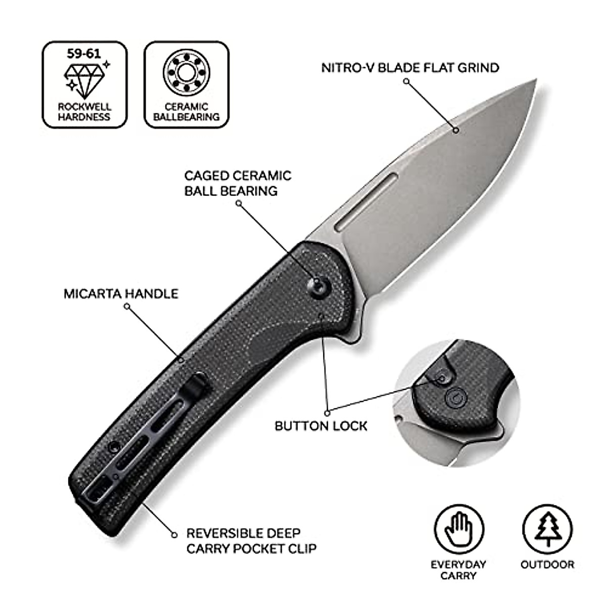 CIVIVI Pocket Knife for EDC, Conspirator Button Lock Folding Knife 3.48" Nitro-V Blade, Black Micarta Handle C21006-1