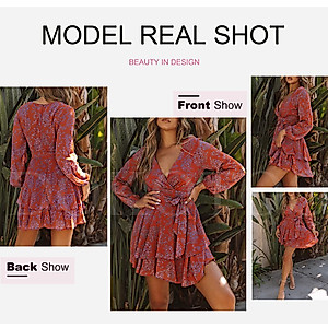 Dokotoo Womens Ladies Casual Summer Birthday Spring Ruffle Elegant Floral Long Sleeve Tie Knot V Neck Cute Chiffon Boho Beach Tunic Swing A Line Mini Short Skater Dresses for Women 2024 Red Large