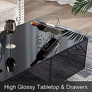 LED Coffee Table with Storage Drawers, High Glossy Coffee Table with LED Lights for Living Room, Modern Living Room Center Table Rectangular, Black (Style1, Black)