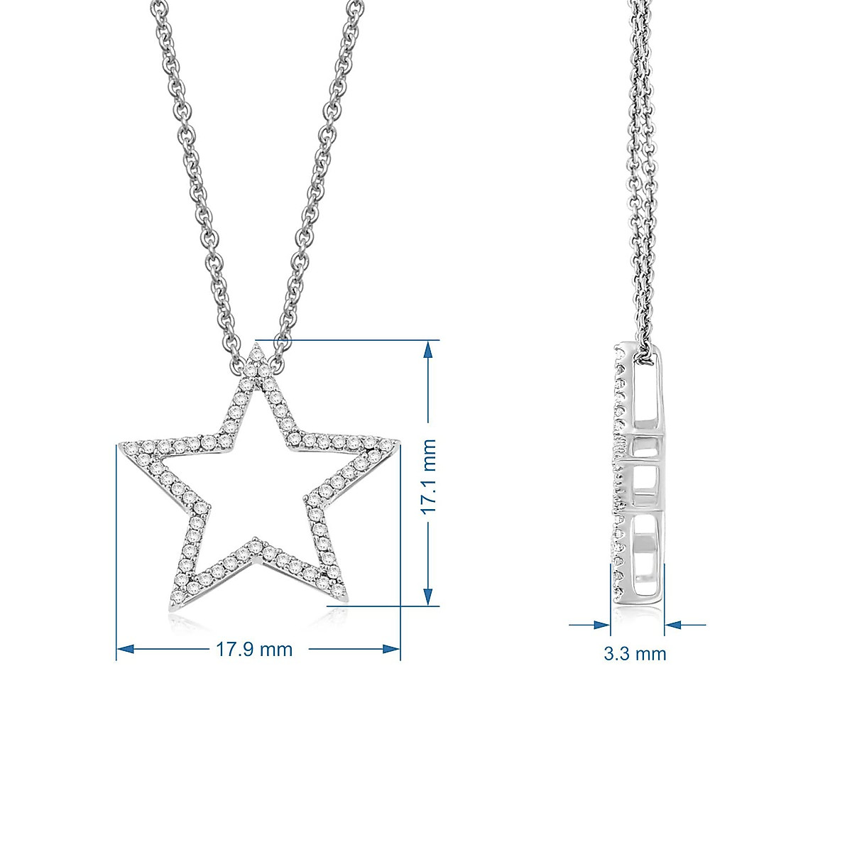 Jewelili Star Pendant Necklace in Sterling Silver 1/5 Cttw Natural White Round Diamonds 18" Rolo Chain