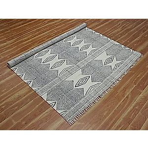 Casavani Hand Block Printed Cotton Dhurrie Geometric Gray & Beige Tassel Rug Easy Care Washable Rugs for Doormat Entryway Living Room Bedroom Hallway Balcony 2.6x10 Feet Runner