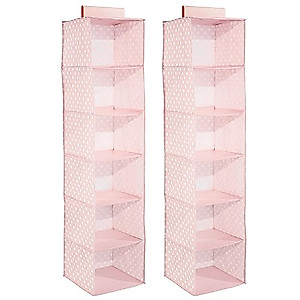 mDesign Fabric Hanging Organizer - Over Closet Rod Storage with 6 Shelves for Baby Nursery Bedroom Organization - Hold Clothes, Linens, Toys, Accessories - 2 Pack, Pink/White Polka Dot