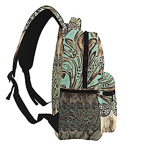 SWEET TANG Rustic Brown Teal Western Country Tooled Leather School Bag Backpack College Bookbag, Laptop Backpacks Computer Bag Travel One Size