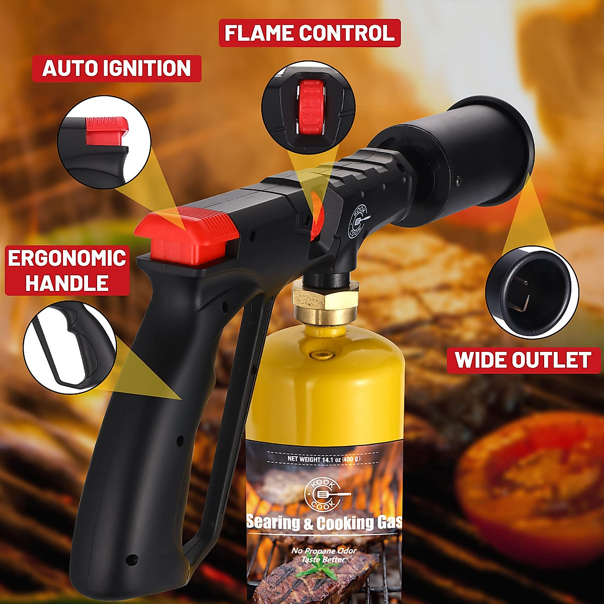KookCook Cooking Grill Torch Kit with 4x14.1oz Fuel Gas Cylinder Sous Vide Blowtorch MAPP MAP Pro Propane Torch Food Kitchen Grilling Gun Culinary BBQ Tool for Searing Outdoor Camping Charcoal Starter