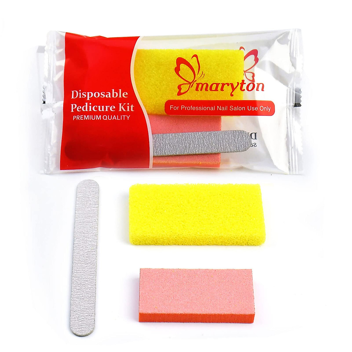 Maryton Disposable 3-Piece Pedicure Kit, Wood Nail File 100/180 Grit, Orange Buffer 80/100 Grit, Yellow Pumice Pad, 100-Count