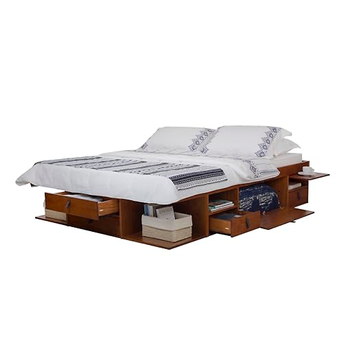 memomad Bali Slim Set: Storage Platform Bed with Drawers + Flat Panel Headboard (Queen Size, Caramel Brown Wood)
