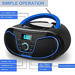 CD Player Boombox, LP-D02 Portable Bluetooth FM Radio Stereo Sound System with Crystal-Clear Sound, MP3 Playback, USB Input, AUX Input, Headphone Jack, LCD Display, AC DC Operated
