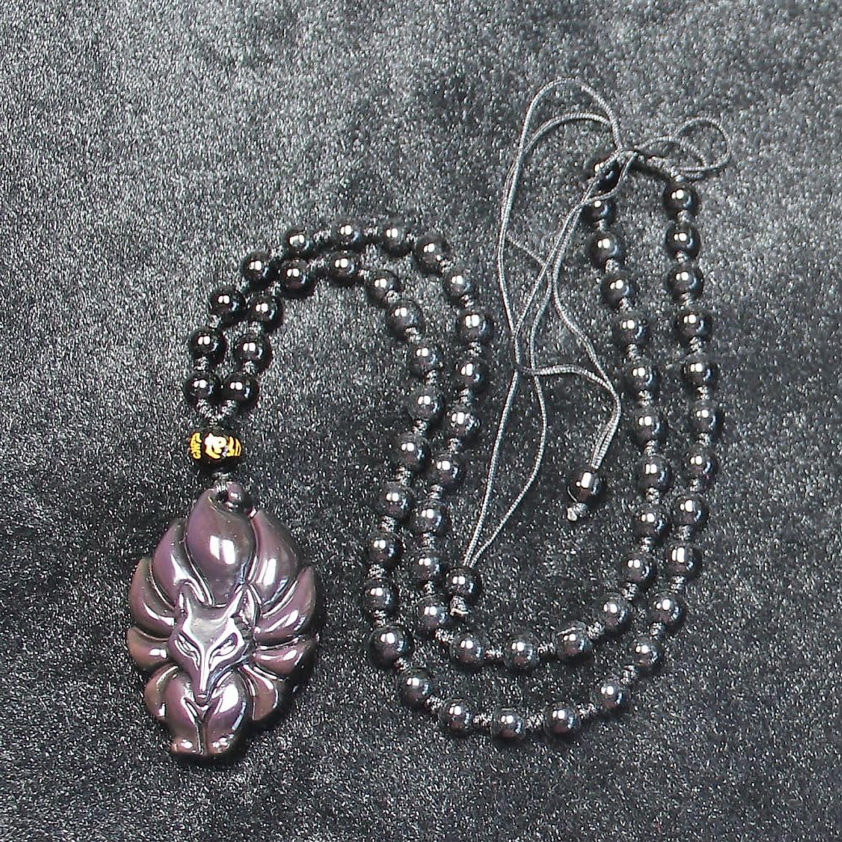 Obsidian crystal nine tail fox necklace Amulet pendant with bead chain for wen or women (rainbow fox)
