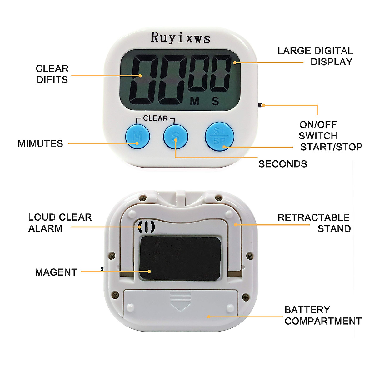 Ruyixws 6 Pack Digital Timer with Large LCD Display, Loud Alarm, Magnetic Back , Timer for Teachers Students Kids Cooking , On/Off Switch, Battery Included (6 Colors)