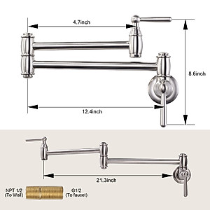 Pot Filler Faucet Brushed Nickel, ARCORA Modern Pot Filler Wall Mount Kitchen Folding Faucet 2 Handle with Double Joint Swing Arms Brass Stove Faucet
