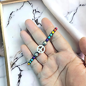 Nove Jewelry Leather Peace Sign Hemp Bracelet - Handmade Bracelet - Adjustable Bracelet (Raibbow White)