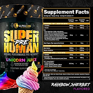 ALPHA LION Superhuman Pre Workout Powder, Beta Alanine, L-Taurine & Tri-Source Caffeine for Sustained Energy & Focus, Nitric Oxide & Citrulline for Pump (21 Servings, Unicorn Juice)