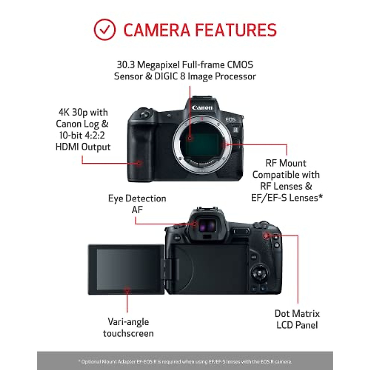 Canon EOS R, Vlogging and Content Creator Camera 4K UHD, Digital Single-Lens Non-Reflex AF/AE, 0.76 Magnification, OLED Color Electronic Viewfinder, CMOS Sensor, Mirrorless, Full-Frame (Body Only)