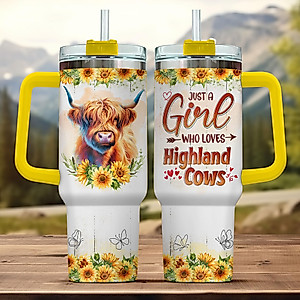 99OWL Highland Cow Sunflower Handle for Yellow Tumblers, 40 Oz Insulated Coffee Cup With Lid and Straw, Brown Women's Tumbler, Cow Gifts