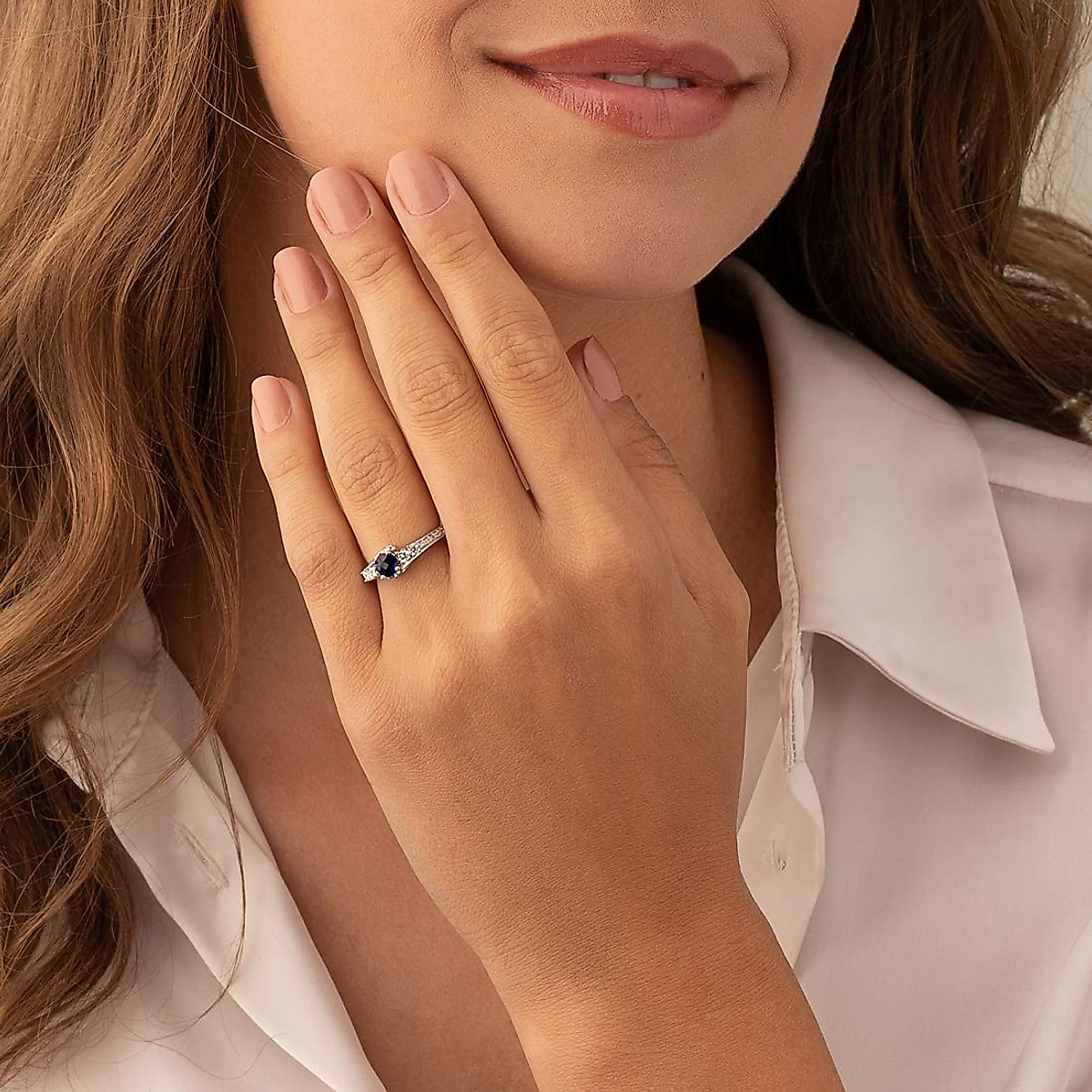 PEORA Created Blue Sapphire Women Ring 925 Sterling Silver, Enchanting Solstice Design, 0.75 Carat Round 5mm Size 6