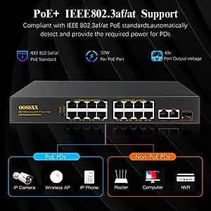 16 Port 100Mbps PoE+/ 2 Giga Up-Link Ports/ 1 Fiber SFP Port, 802.3af/at Unmanaged 300W Built-in Power, Extend Function, Metal, 19" Plug and Play