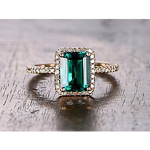 Emerald Engagement Ring,14K Yellow Gold,May Birthstone,6x8mm Emerald Cut Green Gems,Halo,Ball Prong Set