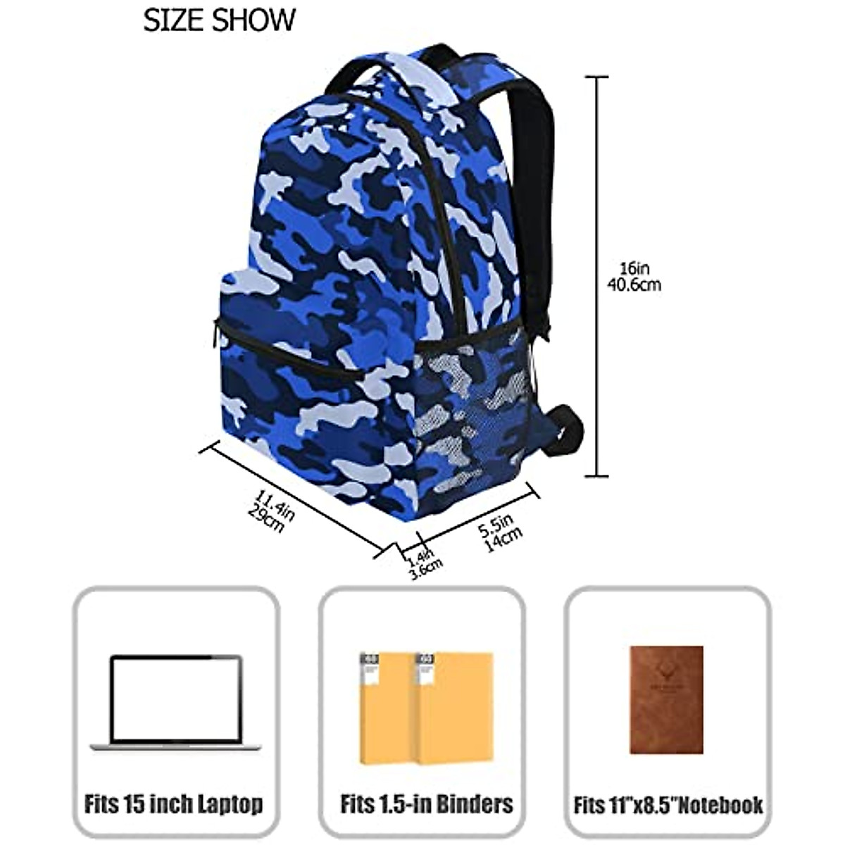 ZZKKO Camo Camouflage Blue School Backpacks Book Bag for Boys Girls Travel Hiking Camping Daypack Work Laptop Backpack