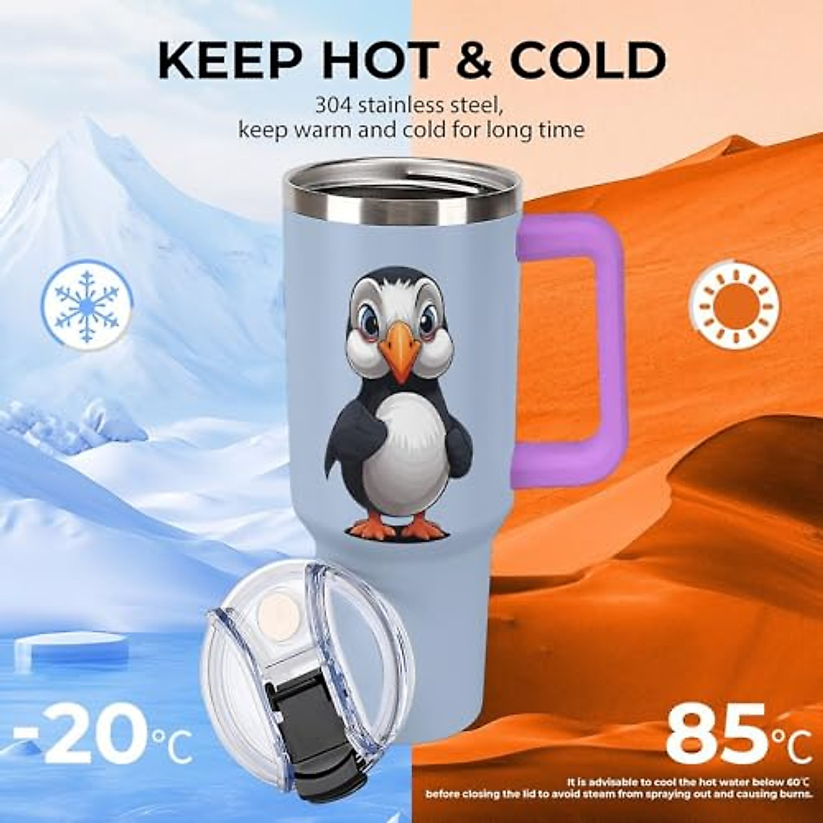 Puffins Bird 40 Oz Car Cup Stainless Steel Travel Mug Leak-Proof Insulated Tumbler with Handle Violet-style