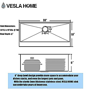 VESLA HOME 33 inch Farmhouse Sink, 304 Stainless Steel Single Bowl Workstation Kitchen Sink, Handmade 16 Gauge 9 inch Deep Apron Sink Farm Sink with Accessories
