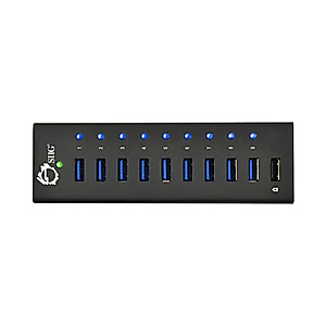 SIIG 10 Port USB Hub with 9 USB 3.0 Data ports and 1 charging port, 12V/5A Power Adapter, for Tablets, Smartphones, Hard Disk