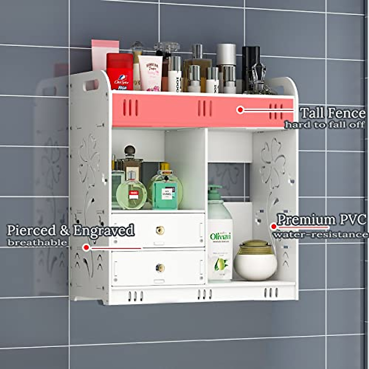 feejee Freestanding Compact Cosmetic Storage Shelf for Dressing Table, 4 Tier Small Bathroom Wall-Mounted Storage Organizer Tray with 2 Drawers, Makeup Organizer Holder for Toiletries, Bath