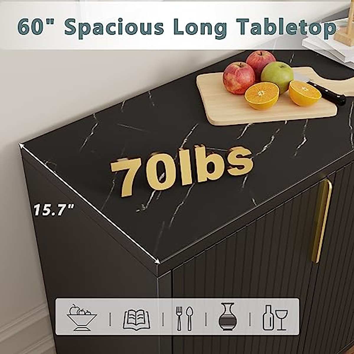 Zevemomo Buffet Sideboard Storage Cabinet for Living Room Coffee Bar Console Table with Adjustable Shelf, 4 Doors, Black