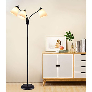DINGLILIGHTING DLLT Modern Reading Floor Lamp, 3-Light with Adjustable Flexible Gooseneck Tree Standing Lamp for Living Room, Bedroom, Study Room, Office -Black Metal White Shades, E26 Base, UL