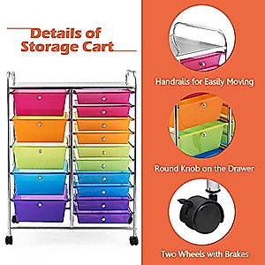 KOTEK 15-Drawer Rolling Storage Cart, Multipurpose Mobile Utility Cart with 4 Wheels, Home Office School Tools Scrapbook Paper Organizer (Multicolor)