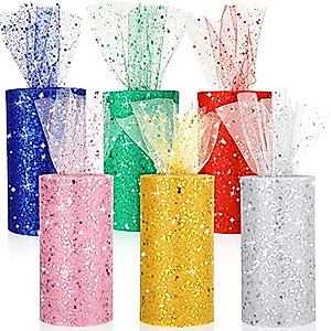 6 Colors Glitter Tulle Rolls 6" by 50 Yards (150FT) Sequin Tulle Sheer Netting Tulle Fabric Spool Tulle Ribbon for Gift Wrapping Tutu Sewing Skirt Wedding Birthday Party Decoration