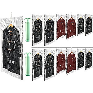 12 Pieces Hanging Vacuum Storage Bags with 2 Hand Pumps Vacuum Seal Garment Storage Bags Reusable Compression Bags for Clothes Storage and Closet Organizer, 3 Sizes S M L