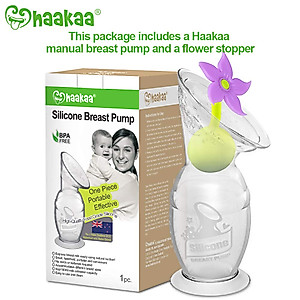 haakaa Manual Breast Pump Silicone Breastpump Milk Pump for Breastfeeding with Suction Base and Flower Stopper 100% Food Grade Silicone BPA Free (4oz/100ml) (Purple)