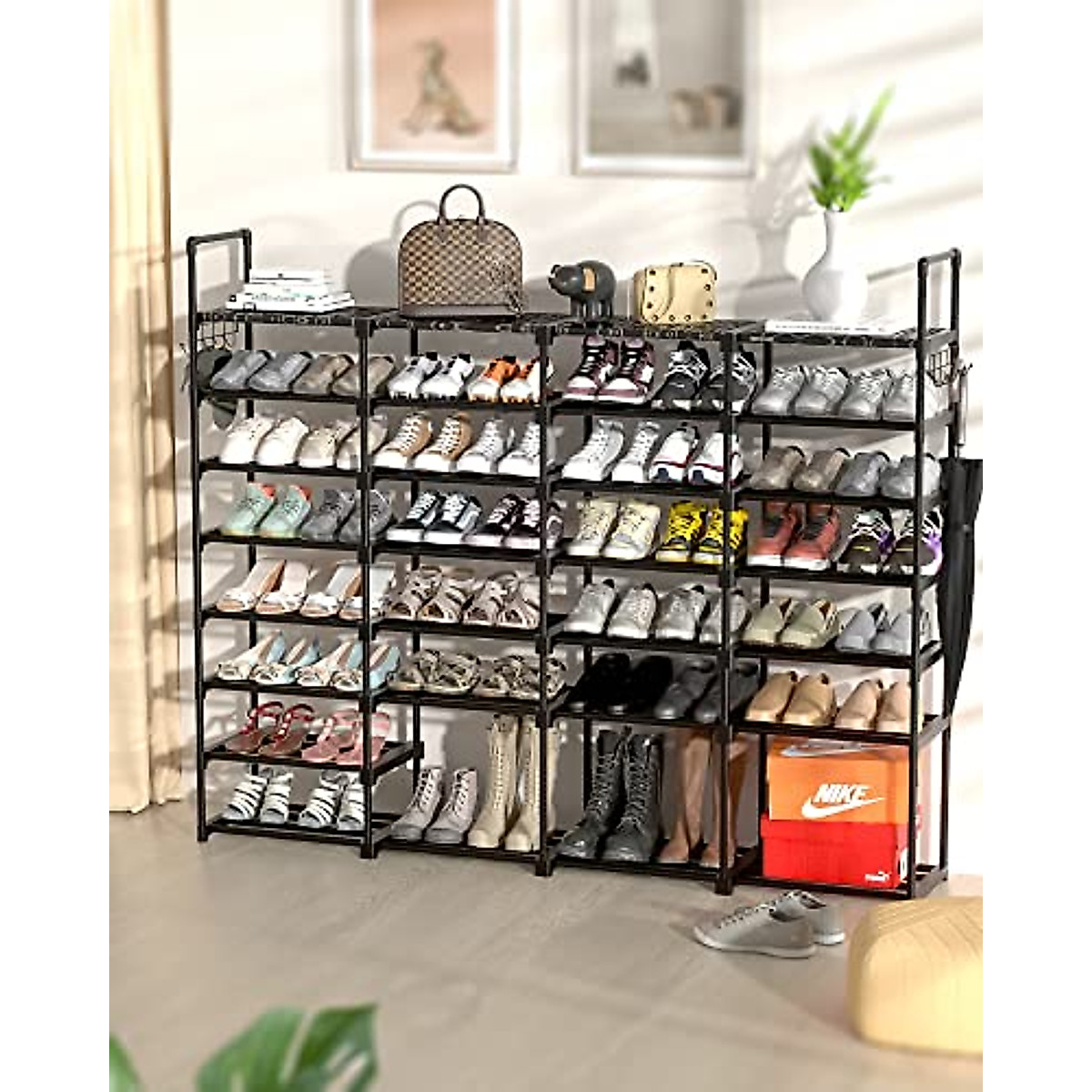 TIMEBAL 8-Tier Shoe Rack, Stackable Shoe Storage Organizer, holds 52-60 Pair Shoes and Boots, Durable Metal Pipes and Plastic Connectors Shoe Shelf Organizer for Entryway, Hallway, Living Room, Black