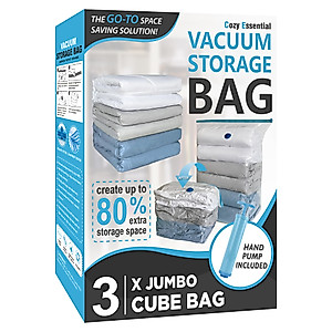 3 Pack Cube Vacuum Storage Bags, Jumbo Vacuum Cubes for Storage Vacuum Sealed, Extra Large Space Saver Vacuum Storage Bags for Bedding, Clothes, Comforters, Blanket, Duvets