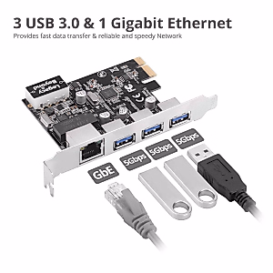 SIIG 3 Port PCI Express USB 3.0 Adapt Card + Gigabit Ethernet LAN - Standard & Low - Profile Windows Server,7,8,8.1,10 PCsPCs (LB-US0614-S1)