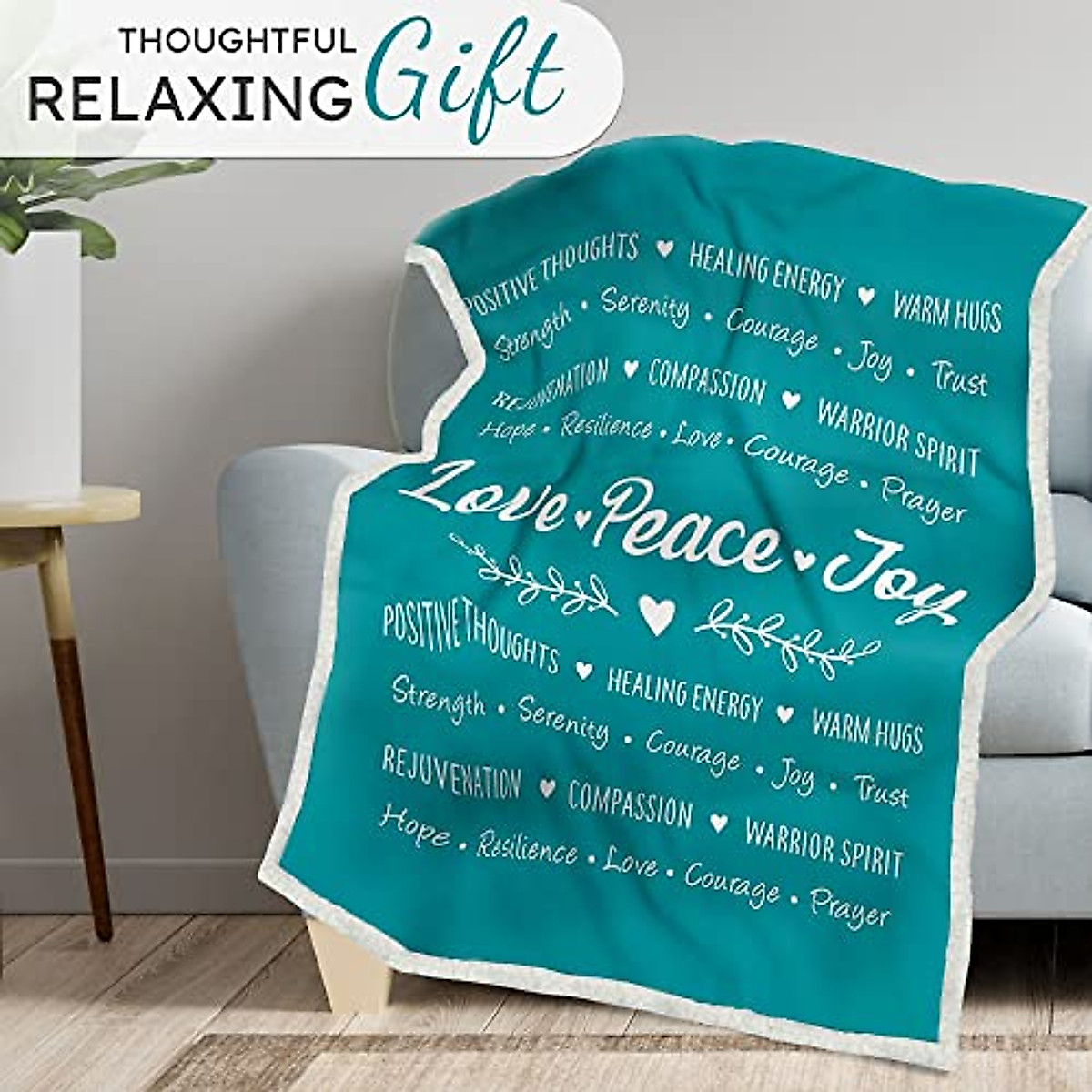 SIMORAS Positive Words Blanket with Sleep Mask, Socks and Gift Box - 'Love Peace Joy' Comfort Blanket Gift Set for Christmas, Birthday - Positive Energy Throw Blankets for Women - Teal 60" x 50"