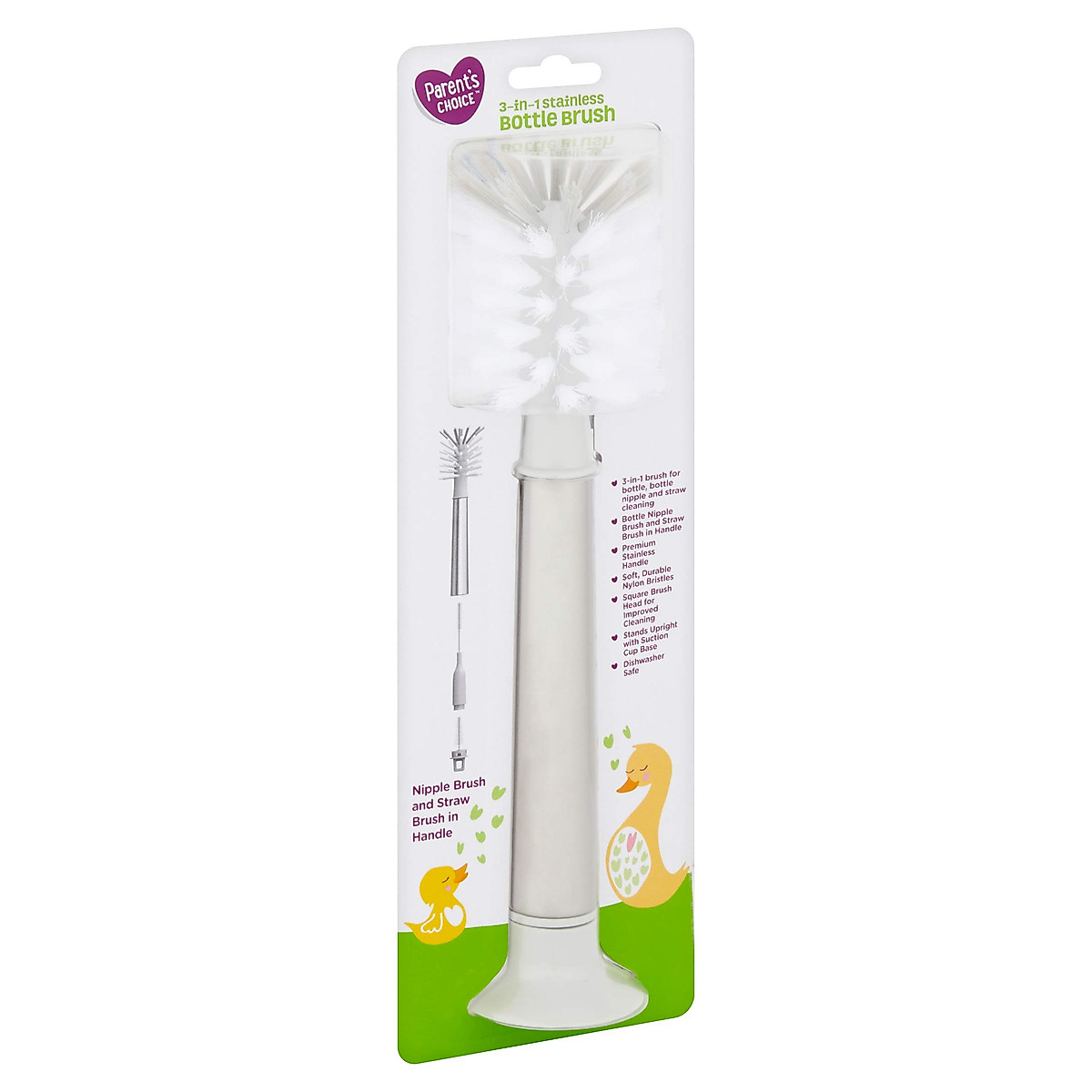 Parents Choice 3-in-1 Stainless Bottle Brush - Bottle, Straw, Nipple Cleaner - Soft Nylon Bristles, White