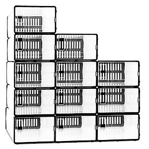 JOCHER 12 Pack Modern Black Plastic Shoe Boxes, Sturdy Flip Top Lids, Space Saving Foldable Shoe Organizer Boxes with Lids, Holds 12 Pairs of Shoes, Ideal for Bathroom Closet, Bedroom, Entryway