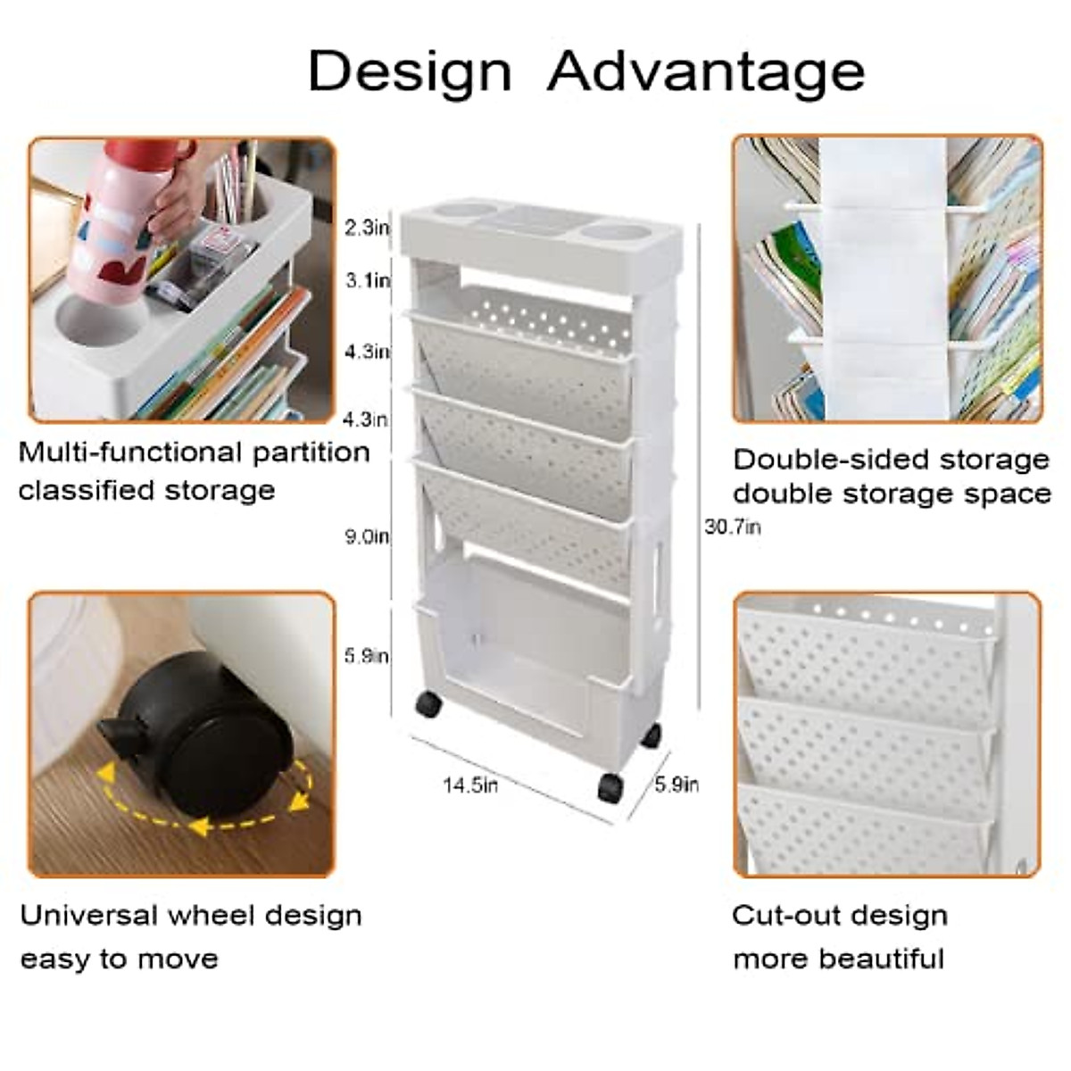 APBATS 5 Tier Book Rack Storage Bookshelf, Removable Movable Unique Bookcase, Utility Organizer White Bookshelves for Kids Children Students Study in Bedroom Living Room Home School