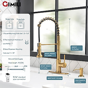 GIMILI Brushed Gold Kitchen Faucet with Soap Dispenser, Commercial Single Handle Spring Pull Out Kitchen Sink Faucets with Pull Down Sprayer