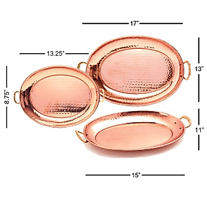 Old Dutch Hammered Copper Oval Trays with Cast Brass Handles, 17" x 13"/15" x 11"/131/4" x 83/4", Set of 3