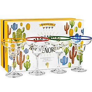 10 oz Margarita Cocktail Glasses + Colorful Party Rims | Set of 4 | Classic Frozen Drinks Stemware + Fun Cactus Gift Box | Thick Stem, Heavy Duty, Clear Hand Blown Glassware Drinking Set