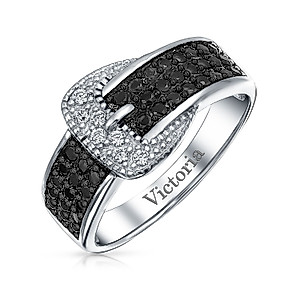 Trendy Fashion Pave Cubic Zirconia Black CZ Statement Belt Buckle Band Ring For Women .925 Sterling Silver