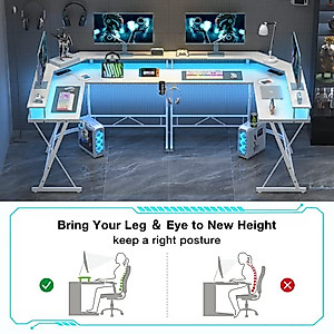 Mr IRONSTONE White Gaming Desk with LED Lights ＆Power Outlet, L Shaped Computer Corner Desk with Cup Holder ＆ Headphone Hook, Carbon Fiber Home Office Desks with Large Monitor Stand, White, 50''