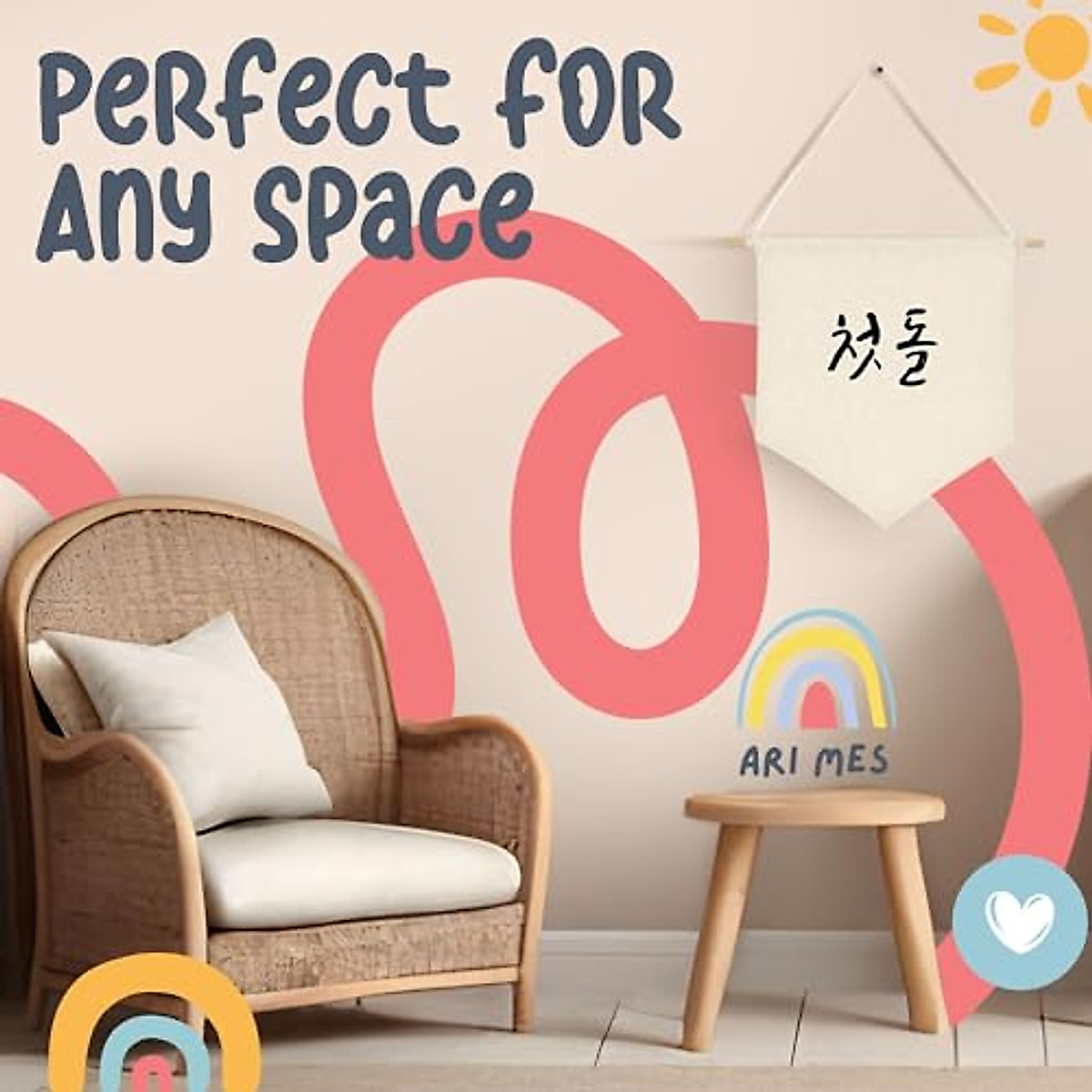 ARI MES - Korean First Birthday Hanging Canvas Banner, Dohl Decoration Korean, Durable Canvas Flag, First Birthday Decorations for Girl and Boy, Happy Birthday Banners Celebration, Korean-Cute