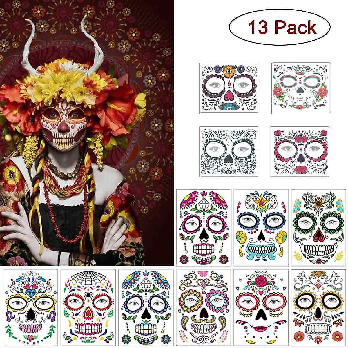 COKOHAPPY Halloween Temporary Face Tattoos Makeup Kit (13 Pack), Day of the Dead Sugar Skull Floral Black Skeleton Web Red Roses Full Face Mask Stickers Tattoo Families Party Supplies
