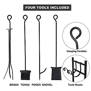 REDCAMP 4ft Firewood Rack with Kindling Holder and Tool Set, Heavy Duty Steel, Black