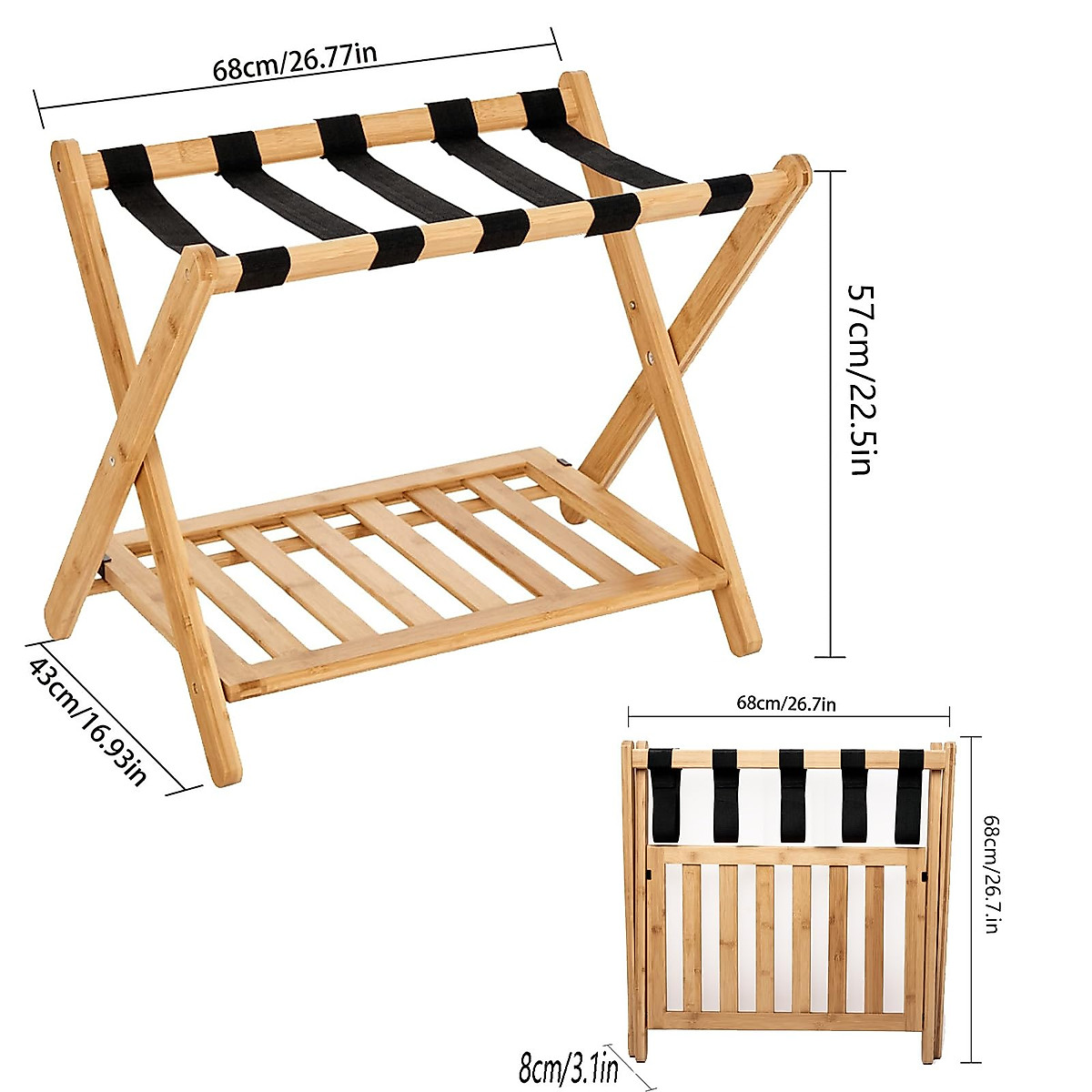 koyasiry Fully Assembled Luggage Rack,2-Packed,Foldable Bamboo Luggage Rack for Guest Room Suitcase Stand with Nylon Straps,Luggage Stand Bamboo Luggage Holder with Shelf for Bedroom,Hotel,No Assembly